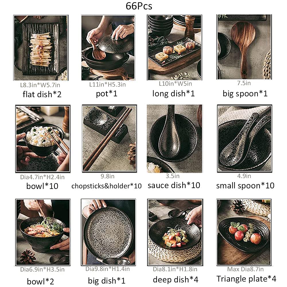 GagalU Plate Set –Kitchen Tableware Set,Ceramics Dinnerware Sets, Plates and Bowls Sets | 66 Pcs Kiln Change Dishes Set - Black Dinner Plates/Steak and Plate
