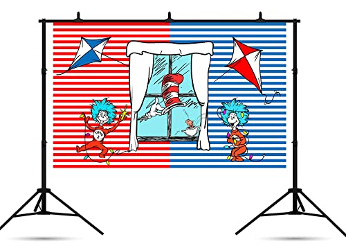 Red and Blue Stripes Backdrop Party Supplies, Dr Seuss Birthday Theme Photo Background, Cat in The Hat Banner for Birthday Party Caketable Decoration, 5x3ft