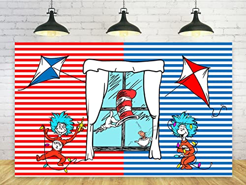 Red and Blue Stripes Backdrop Party Supplies, Dr Seuss Birthday Theme Photo Background, Cat in The Hat Banner for Birthday Party Caketable Decoration, 5x3ft
