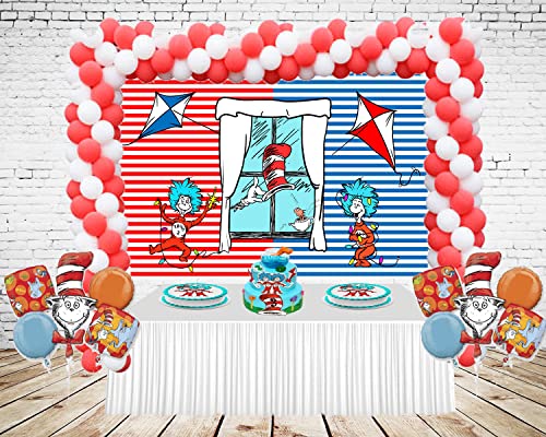 Red and Blue Stripes Backdrop Party Supplies, Dr Seuss Birthday Theme Photo Background, Cat in The Hat Banner for Birthday Party Caketable Decoration, 5x3ft