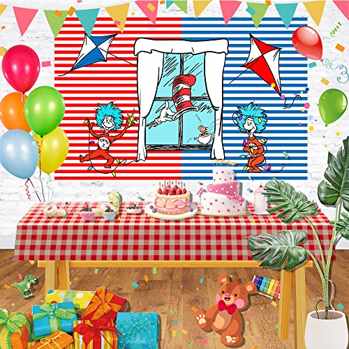 Red and Blue Stripes Backdrop Party Supplies, Dr Seuss Birthday Theme Photo Background, Cat in The Hat Banner for Birthday Party Caketable Decoration, 5x3ft