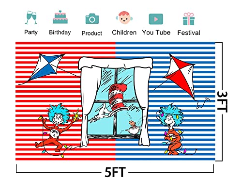 Red and Blue Stripes Backdrop Party Supplies, Dr Seuss Birthday Theme Photo Background, Cat in The Hat Banner for Birthday Party Caketable Decoration, 5x3ft