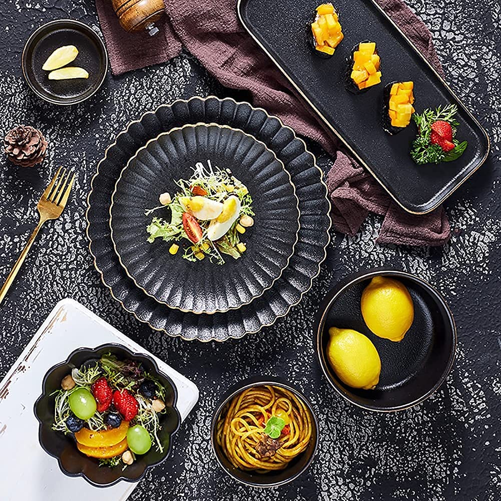 GagalU Dinner SetsKitchen Tableware Set,Ceramic Dinnerware Set, 15 Pcs Matte Black Retro Plates and Bowls Set- Irregular Edge Dinner Sets, Service for 4