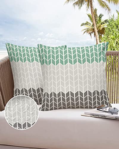 Outdoor Pillows 18x18 Waterproof Outdoor Pillow Covers, Herringbone Geometric Chevron Polyester Throw Pillow Covers Garden Cushion Decorative Case for Patio Couch Decoration Set of 2, Green Grey White