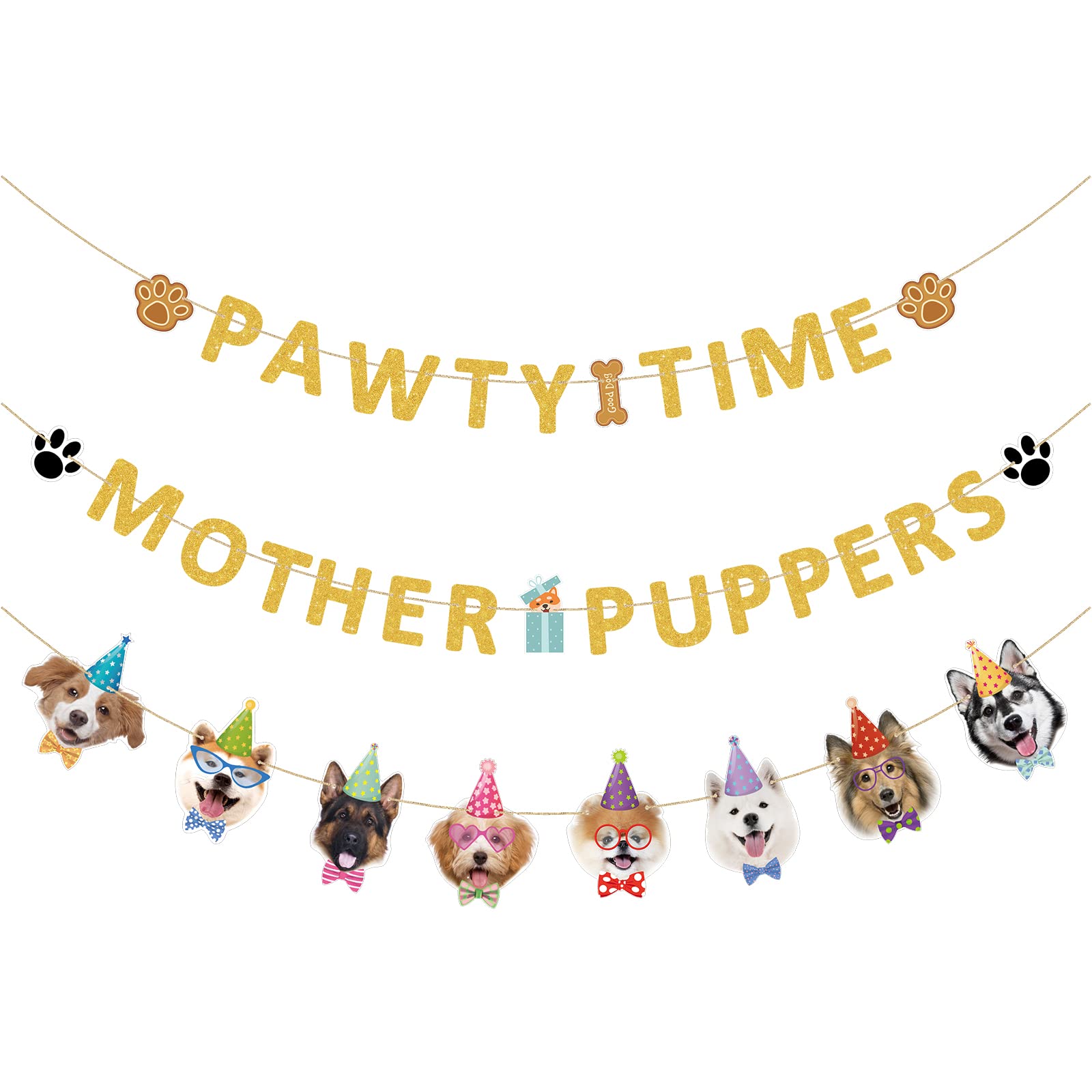 3 Pieces Let's Pawty Banner Dog Birthday Party Supplies Gold Glitter Mother Puppers Pawty Time Dog Banners for Dog Birthday Party Decorations