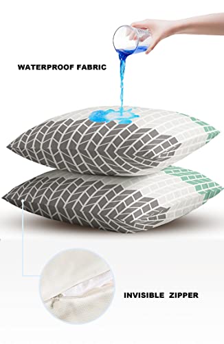 Outdoor Pillows 18x18 Waterproof Outdoor Pillow Covers, Herringbone Geometric Chevron Polyester Throw Pillow Covers Garden Cushion Decorative Case for Patio Couch Decoration Set of 2, Green Grey White