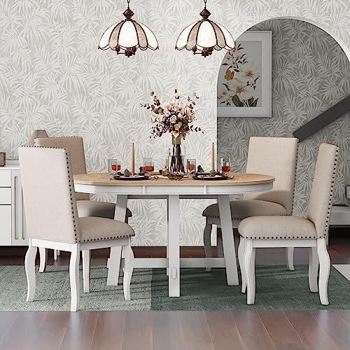 Goozio 5-Piece Farmhouse Dining Set with Wooden Round Extendable Dining Table and 4 Upholstered Dining Chairs, Oak Natural Wood + Antique White
