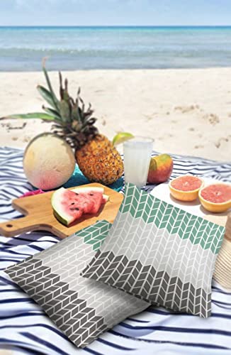Outdoor Pillows 18x18 Waterproof Outdoor Pillow Covers, Herringbone Geometric Chevron Polyester Throw Pillow Covers Garden Cushion Decorative Case for Patio Couch Decoration Set of 2, Green Grey White