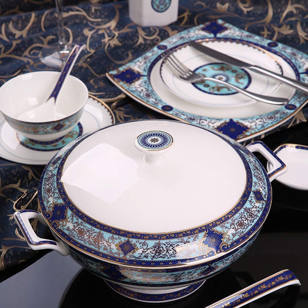 Porcelain Plate and Bowl Set, Ceramics Dinnerware Set with 55 Pieces,Bowl/Dish/Soup Pot/Spoon|Dinner Sets,Blues Garden Pattern Porcelain Combination Set