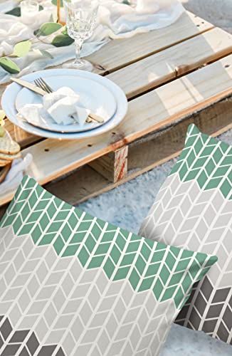 Outdoor Pillows 18x18 Waterproof Outdoor Pillow Covers, Herringbone Geometric Chevron Polyester Throw Pillow Covers Garden Cushion Decorative Case for Patio Couch Decoration Set of 2, Green Grey White