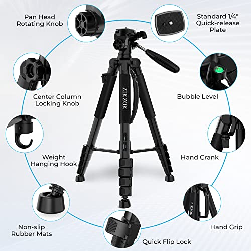 ZIKZOK 75 Inch Camera Tripod, Lightweight Travel Aluminum Cell Phone Video Tripod for DSLR/SLR/DV/GoPro/iPhone with Bag (Weight 2.8Lbs/Load 11Lbs)