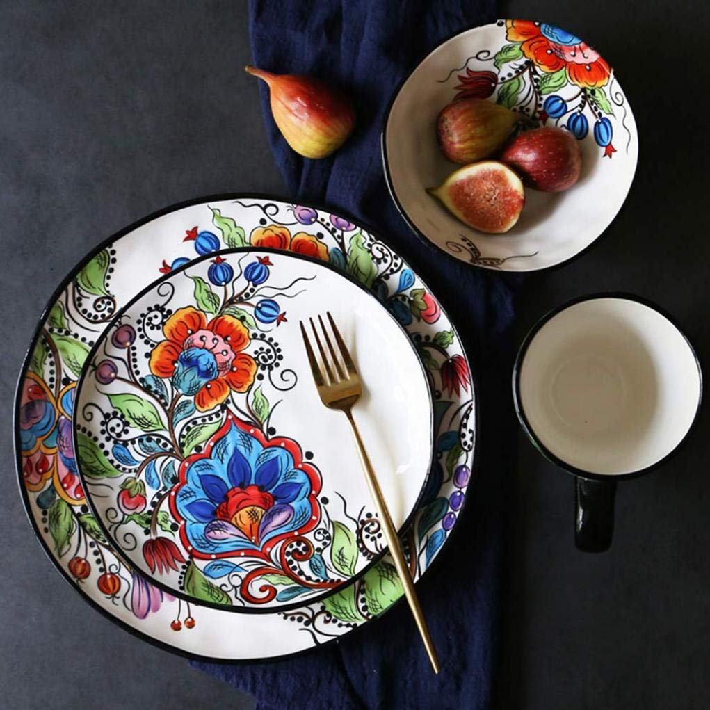 GagalU Ceramic Kitchen Dinner Set ServiceFine Dinnerware Set,4 Pieces of Vintage Hand-Painted Colorful Flower Ceramic Dinner Set Porcelain Plate Salad Bowl Mug