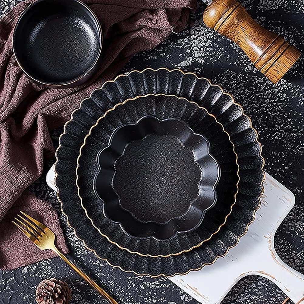 GagalU Dinner SetsKitchen Tableware Set,Ceramic Dinnerware Set, 15 Pcs Matte Black Retro Plates and Bowls Set- Irregular Edge Dinner Sets, Service for 4