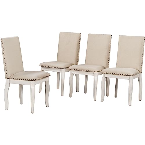 Goozio 5-Piece Farmhouse Dining Set with Wooden Round Extendable Dining Table and 4 Upholstered Dining Chairs, Oak Natural Wood + Antique White