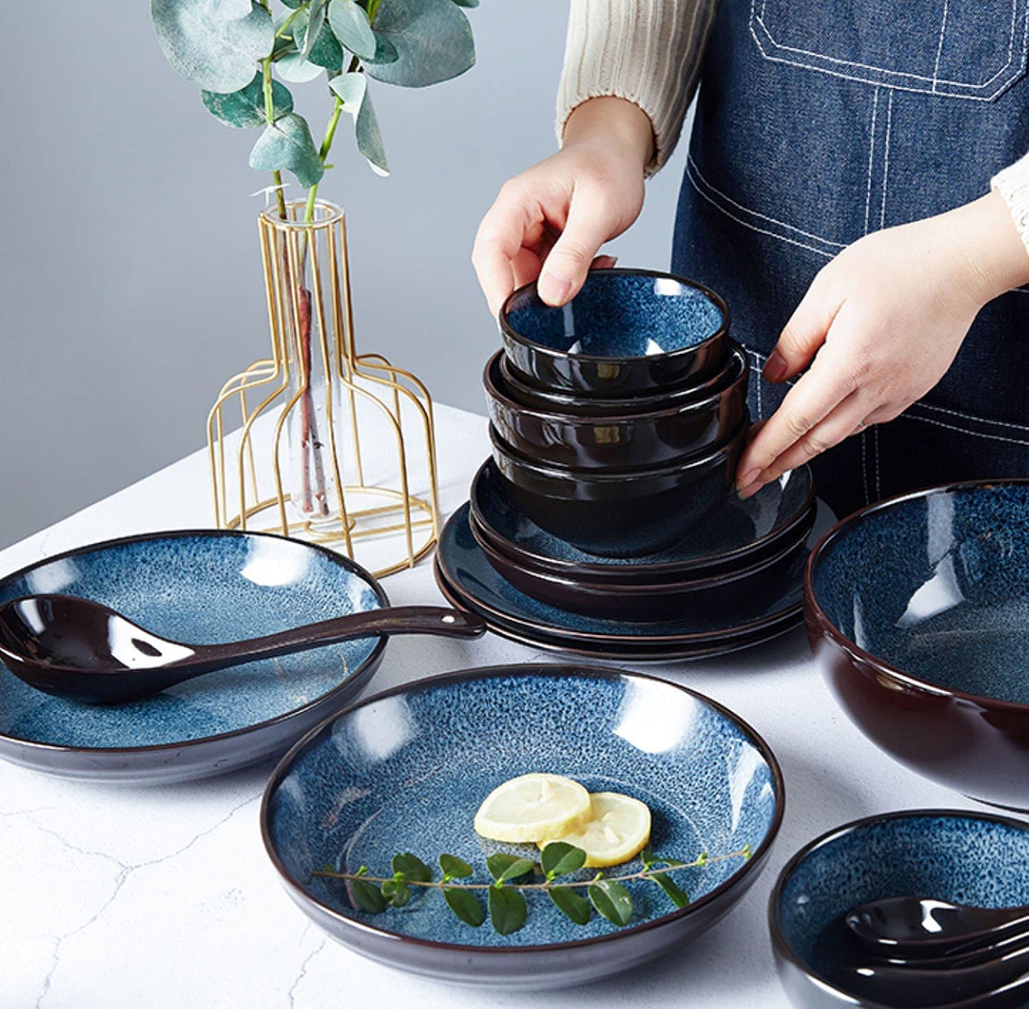 GagalU Porcelain Dinnerware SetDark Night Starry Sky56 Pieces Light Luxury Dinnerware Set Service for 6-8, Anti-Scalding Ceramics Bowl and Plate Combination