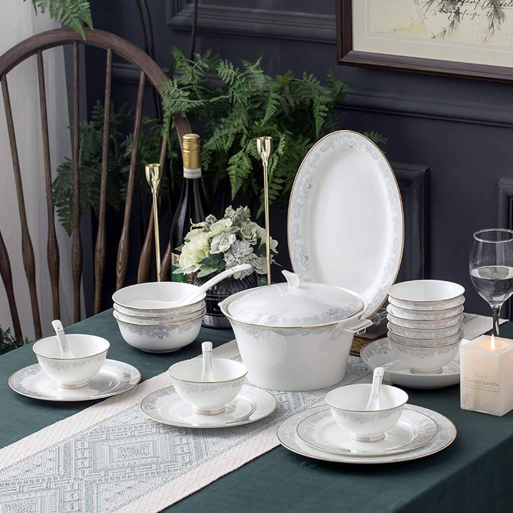 Stylish Dinner Plates,Ceramics Dinnerware Set, Cereals Bowl & Dish & Soup Pot | 58 Pieces Bone China Dinner Sets for Wedding Gifts - Elegant Porcelain Combination Set