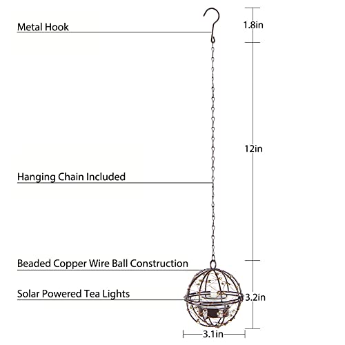 Solar Lights Outdoor Hanging Lanterns, ZHONGXIN Beaded Copper Wire Ball Candle Holder with Solar Tea Lights, Perfect for Home, Garden, Backyard, Pergola, Patio Umbrella, Tree, Window Decor-Set of 4