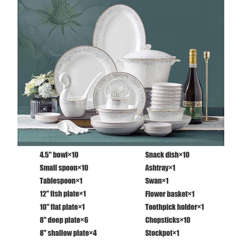 Stylish Dinner Plates,Ceramics Dinnerware Set, Cereals Bowl & Dish & Soup Pot | 58 Pieces Bone China Dinner Sets for Wedding Gifts - Elegant Porcelain Combination Set