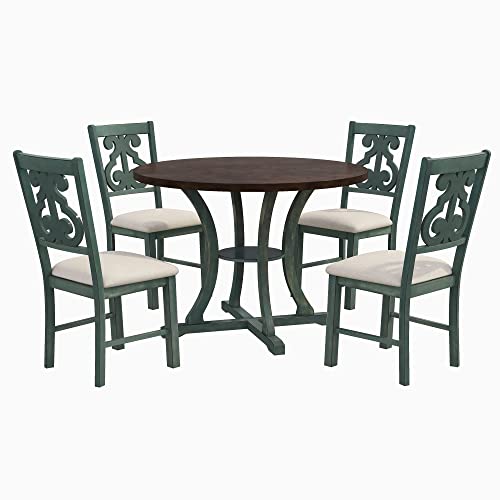 Dinehome 5 Piece Round Wood Dining Table and 4 Chairs Set with Special-shaped Legs and an Exquisitely Designed Retro Hollow Back, Antique Blue + Dark Brown