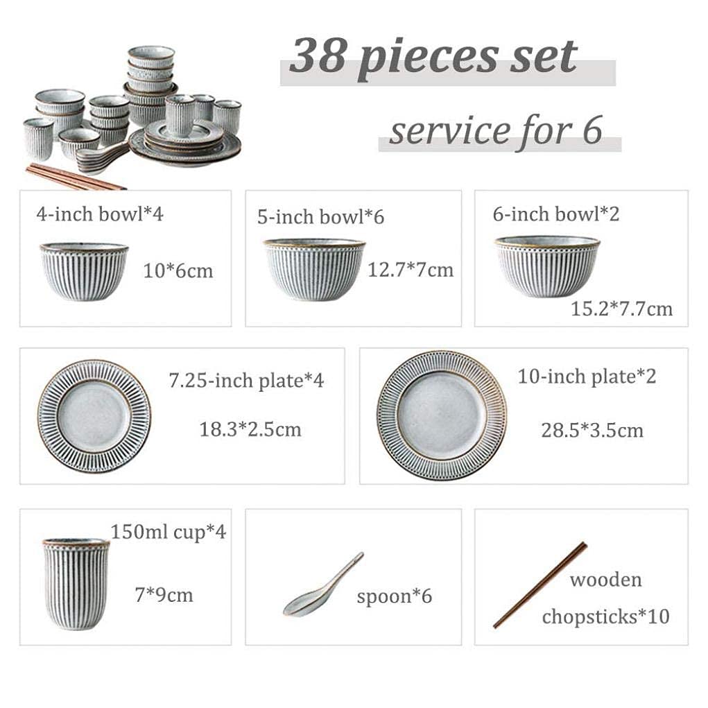 GagalU Dinner Set,38-Piece Ceramic Dinnerware Sets Retro Glaze Porcelain Plates Bowls and Cups Service for 6 People