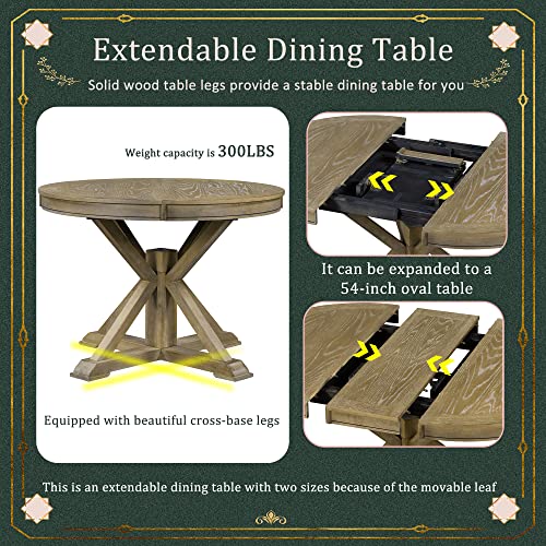 Goozio Retro Style 5-Piece Round Table and Chairs Set,Round Dining Table for 4,Extendable Dining Set with Round Table and 4 Upholstered Chairs for Kitchen,Natural Wood Wash