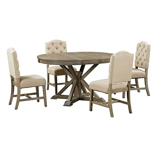 Goozio Retro Style 5-Piece Round Table and Chairs Set,Round Dining Table for 4,Extendable Dining Set with Round Table and 4 Upholstered Chairs for Kitchen,Natural Wood Wash