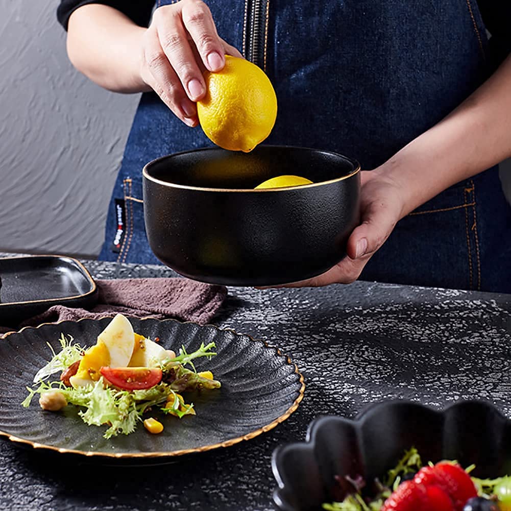 GagalU Dinner SetsKitchen Tableware Set,Ceramic Dinnerware Set, 15 Pcs Matte Black Retro Plates and Bowls Set- Irregular Edge Dinner Sets, Service for 4