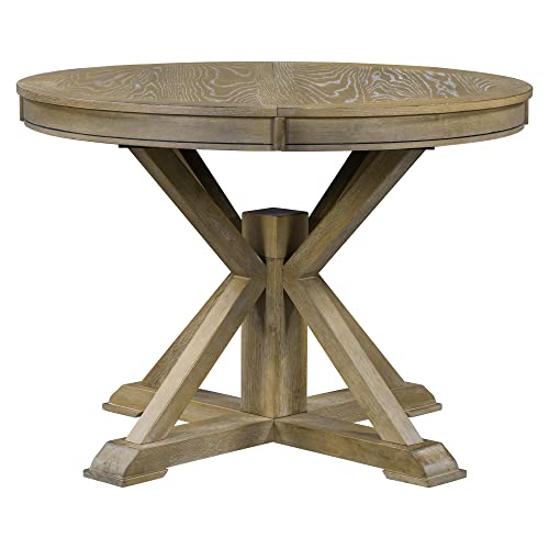 Goozio Retro Style 5-Piece Round Table and Chairs Set,Round Dining Table for 4,Extendable Dining Set with Round Table and 4 Upholstered Chairs for Kitchen,Natural Wood Wash