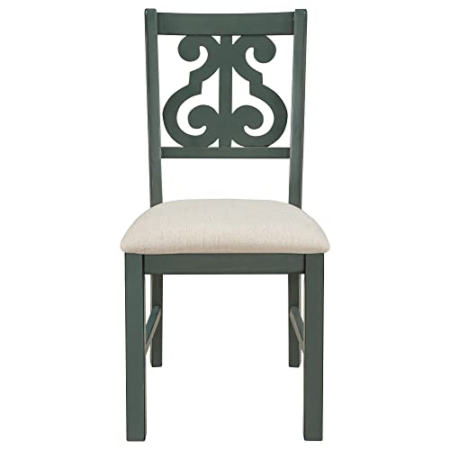 Dinehome 5 Piece Round Wood Dining Table and 4 Chairs Set with Special-shaped Legs and an Exquisitely Designed Retro Hollow Back, Antique Blue + Dark Brown
