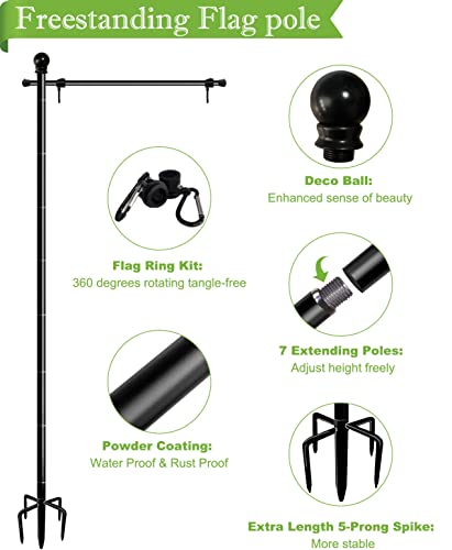 Koutemie 10FT Garden Flag Pole Stand with 5 Prong Base for 3x5 American flags, Adjustable Heavy Duty Outdoor Flagpole Holder Kit for Yard Decoration, 1 Pack