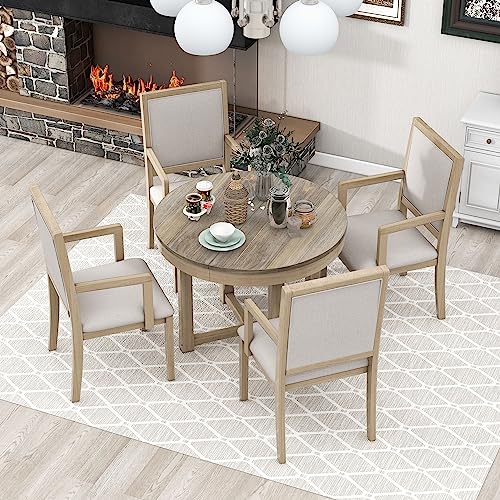 Goozio 5-Piece Dining Table Set, Two-Size Round to Oval Extendable Butterfly Leaf Wood Dining Table and 4 Upholstered Dining Chairs with Armrests, Natural Wood Wash