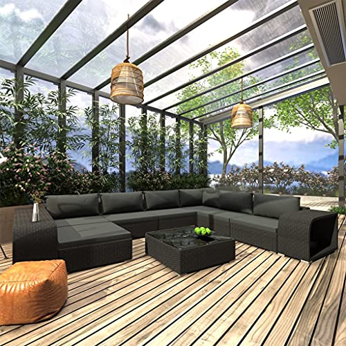 QZZCED 10 Piece Patio Lounge Set with Cushions,Outdoor Couch,Patio Bar Set,Modern Outdoor Furniture,Dining Bench with Back,Bistro Set,for Patio Deck Garden,Backyard & Lawn,Poly Rattan Black