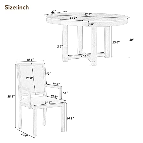 Goozio 5-Piece Dining Table Set, Two-Size Round to Oval Extendable Butterfly Leaf Wood Dining Table and 4 Upholstered Dining Chairs with Armrests, Natural Wood Wash