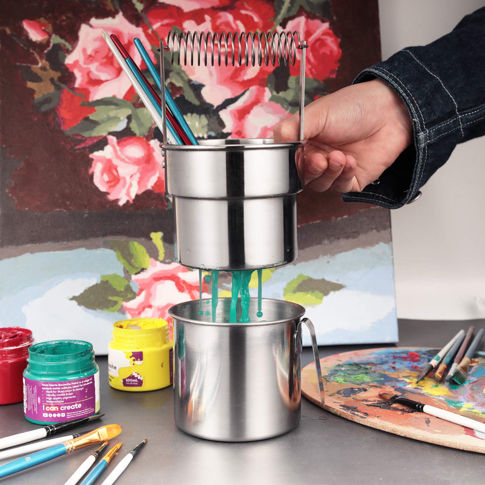 MyLifeUNIT Paint Brush Cleaner, Double Layer Paint Brush Holder with Wash Tank