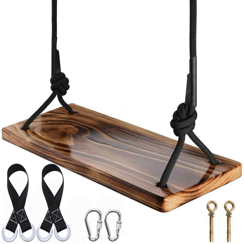 Tree Swing Seat,ATFWEL Carbonized Hanging Swing Seat with Adjustable Rope for Adult Kids Garden,Yard,Indoor,Outdoor Durable Wooden Swing Can Withstand 440LB (17.7x7.9x1.0 inch)