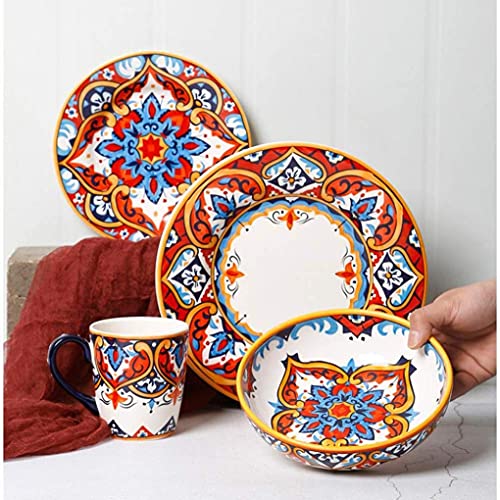 Fine Dinnerware Set,4 Pieces Rustic Style Red Vintage Pattern Ceramic Tableware Porcelain Plate Bowl Mug Dinner Gift