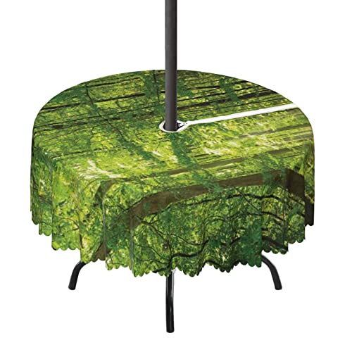 Lirduipu Woodland Pattern Round Outdoor Tablecloth, Outdoor Tablecloth Waterproof Round Tablecloth with Umbrella Hole and Zipper, for Patio Garden Tabletop Decor(60" Round,Green)