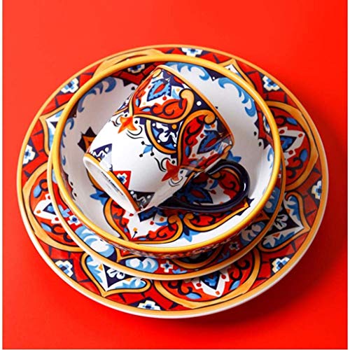 Fine Dinnerware Set,4 Pieces Rustic Style Red Vintage Pattern Ceramic Tableware Porcelain Plate Bowl Mug Dinner Gift