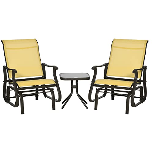 Outsunny 3-Piece Outdoor Gliders Set Bistro Set with Steel Frame, Tempered Glass Top Table for Patio, Garden, Backyard, Lawn, Yellow