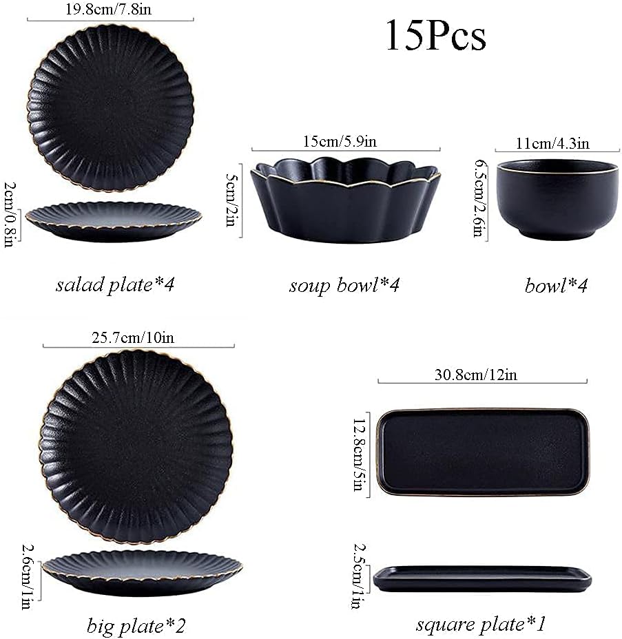 GagalU Porcelain Plate and Bowl Set,Kitchen Tableware Set,Ceramic Dinnerware Set, 15 Pcs Matte Black Retro Plates and Bowls Set- Irregular Edge Dinner Sets, Service for 4