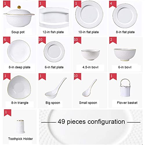 GagalU Plate Set –Ceramics Dinner Sets Ceramics Dinnerware Set,Bowl/Dish/Soup Pot/Spoon|Dinner Sets,White Embossed Gold Rim Pattern Porcelain Combination Set,49pieces