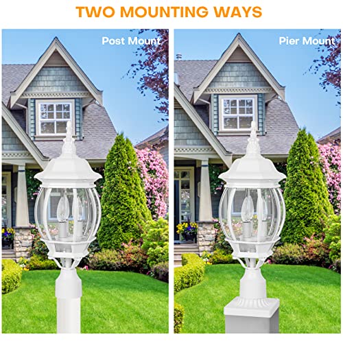Krychilier Outdoor Lamp Post, 3-Light Pier Mount Outdoor Lighting Traditional Post Mount with White Finish, Exterior White Post Lantern(White, 3-Light)