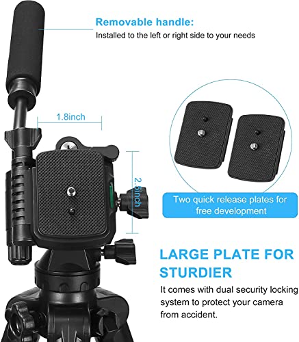Tripod, 73 inch Tripod for Camera 15 lbs Loads with Fluid Head, 2 Quick Release Mounts and Tablet & Phone Mount