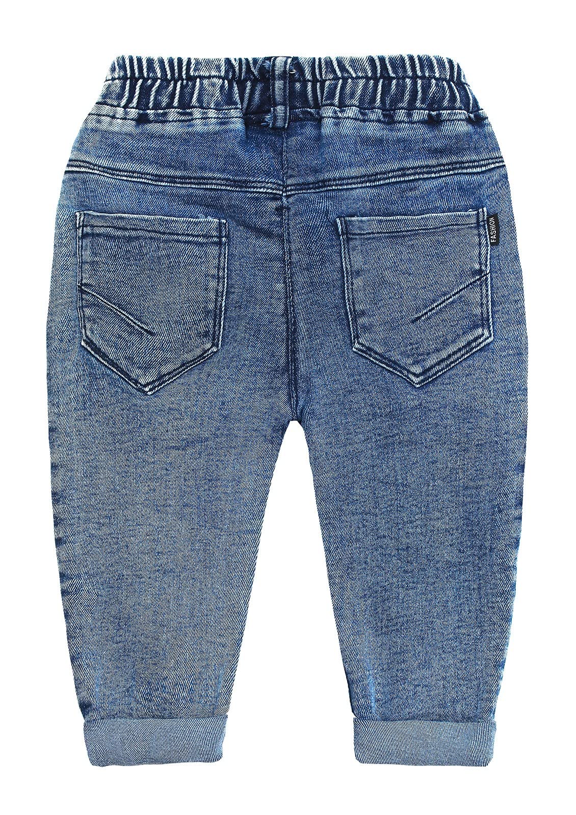KIDSCOOL SPACE Toddler Kids Ripped Holes Elastic Waist Plaid Lining Jeans,Blue,18-24 Months