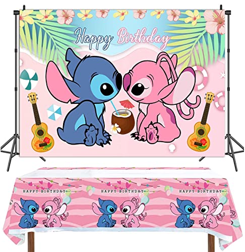 Pink Cartoon Themed Backdrop with Tablecloth 70x42in for Girls Family Birthday Party Decorations Supplies 7x5ft, One Size