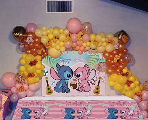 Pink Cartoon Themed Backdrop with Tablecloth 70x42in for Girls Family Birthday Party Decorations Supplies 7x5ft, One Size