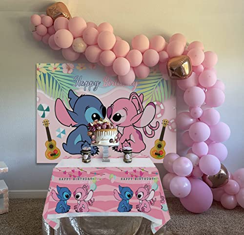 Pink Cartoon Themed Backdrop with Tablecloth 70x42in for Girls Family Birthday Party Decorations Supplies 7x5ft, One Size