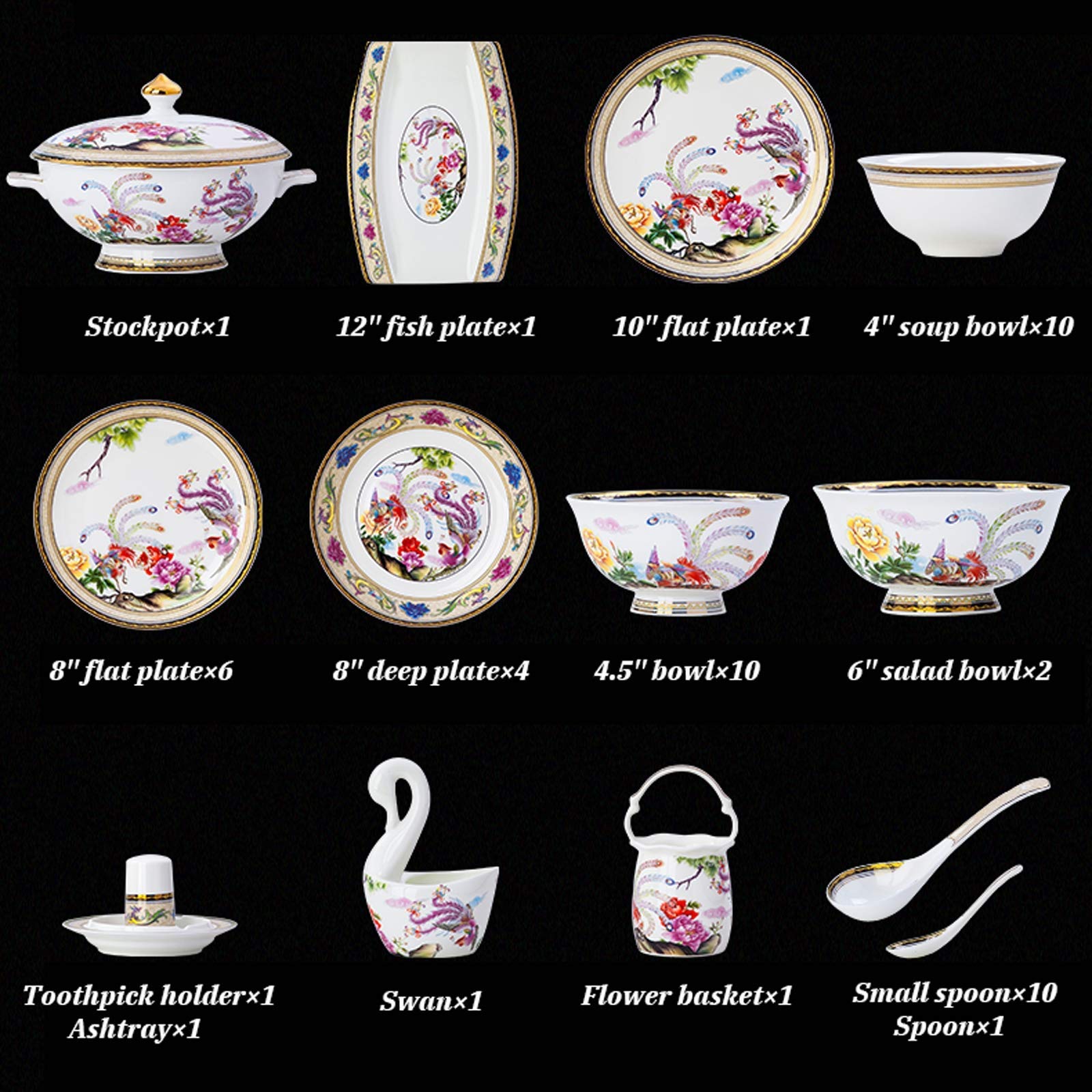 Classic Pottery Tableware,Ceramics Dinnerware Set, High-end Enamel Porcelain Soup Pot/Plate/Bowl | 50 Pieces Bone China Dinner Sets for Family Gathering and Wedding Gifts