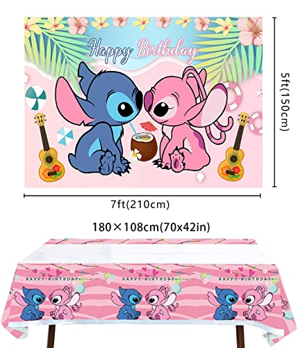 Pink Cartoon Themed Backdrop with Tablecloth 70x42in for Girls Family Birthday Party Decorations Supplies 7x5ft, One Size