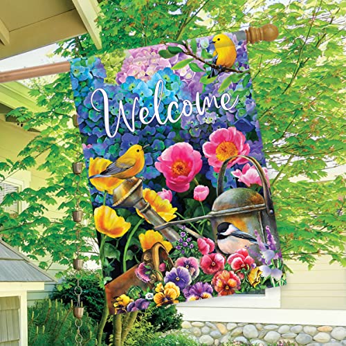 Springtime Garden Welcome House Flag Birds Floral 28" x 40" Briarwood Lane